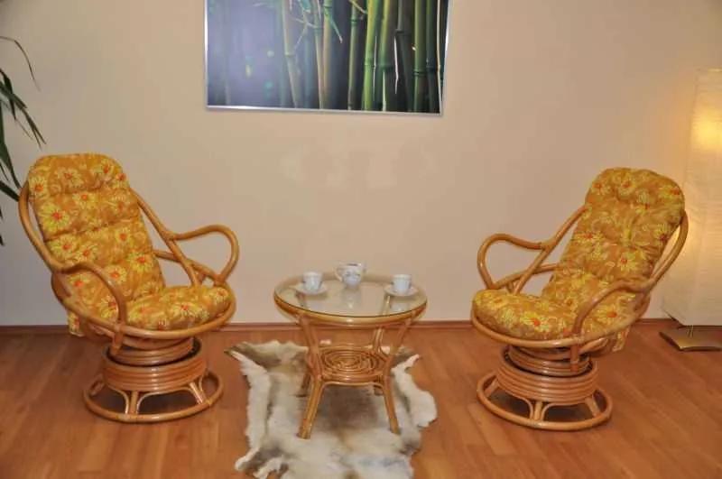 Ratanová souprava Swivel + stolek polstry žluté kopretiny