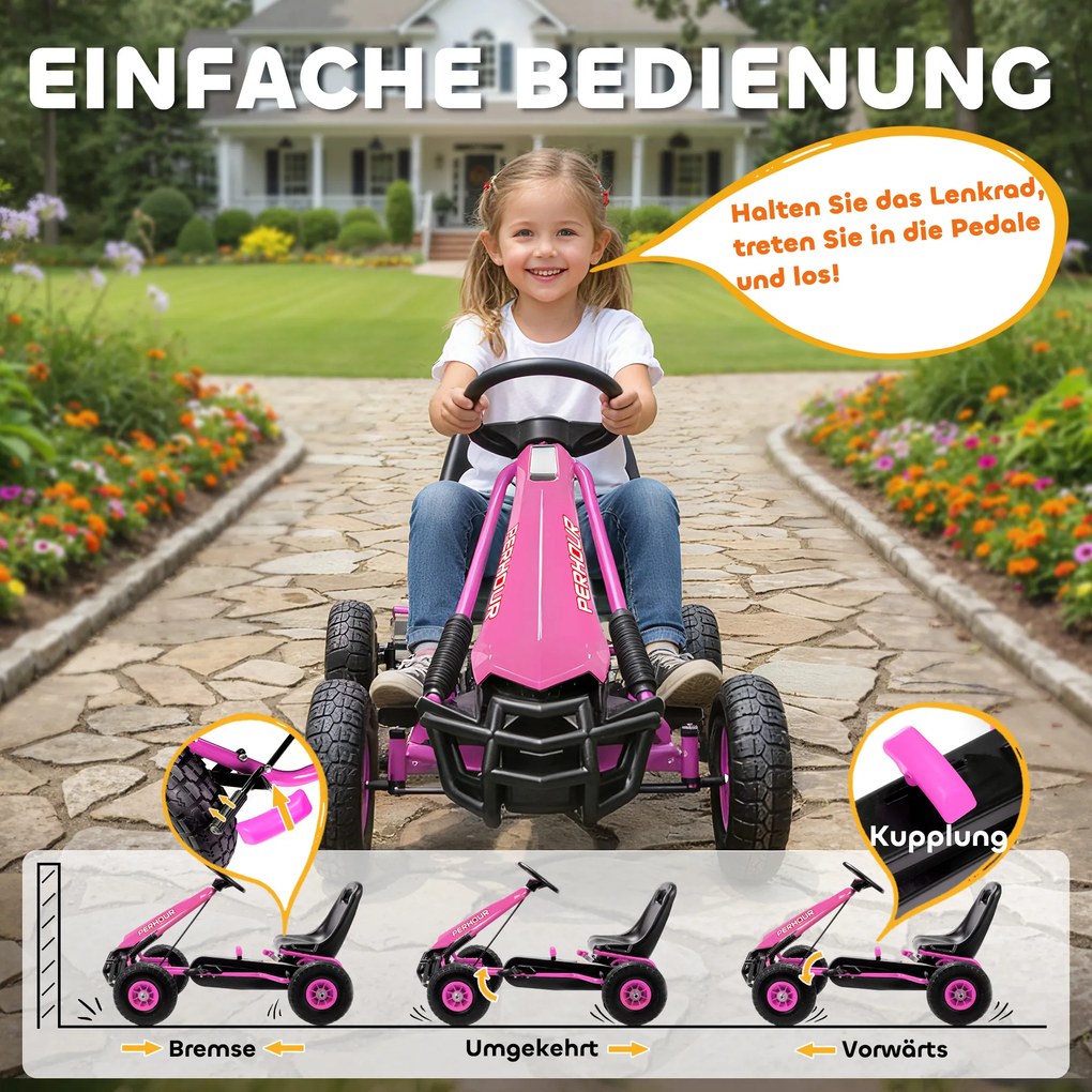 AIYAPLAY Pedálový gokart pro děti, výškově nastavitelné sedadlo, EVA kola, brzda, spojka, 3-8 let, růžová