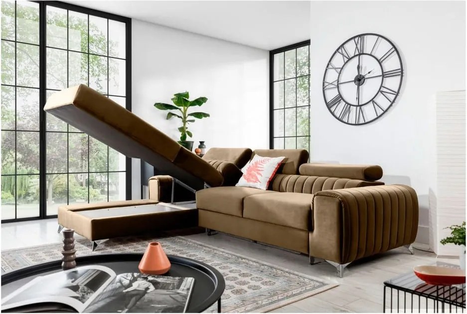 Světle hnědá sametová rozkládací/s úložným prostorem rohová pohovka (levý roh/s lenoškou) Grayson – ELTAP