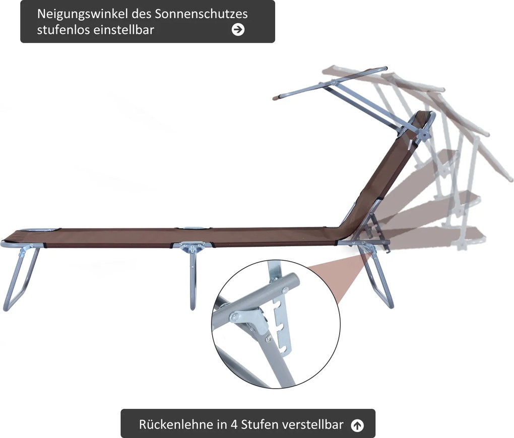 Zahradní lehátko Outsunny skládací s ochranou proti slunci hnědé 187x58x36 cm na terasu a balkon | Aosom.de