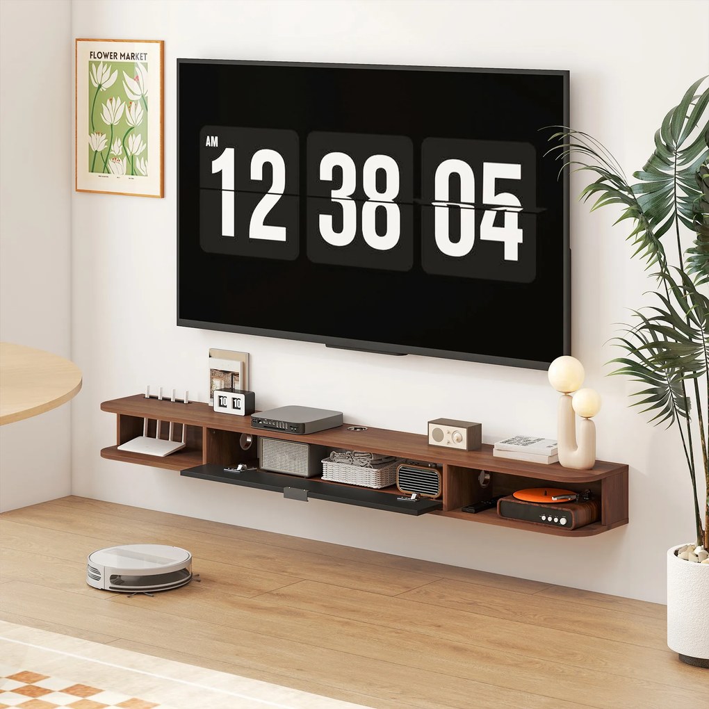 HOMCOM Závěsný TV nábytek, televizní stolek pro televize až do 190,5 cm, výklopná zásuvka, 2 police, 180x24x16 cm, ořech