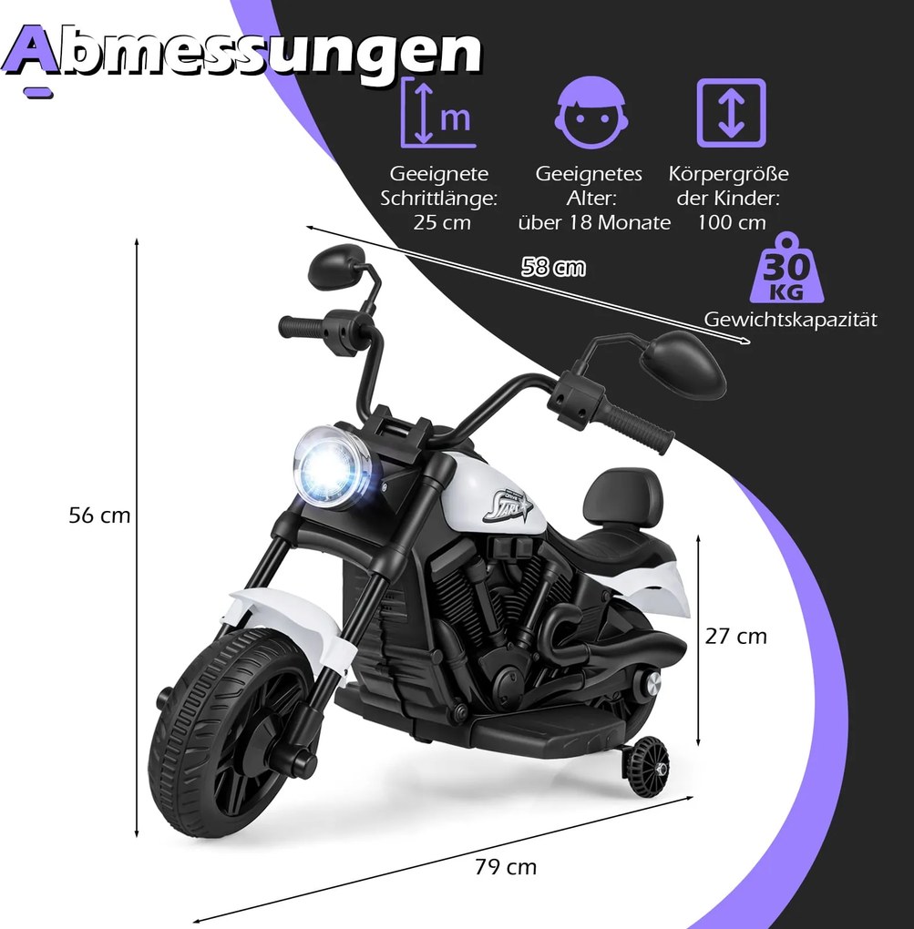 Costway 6 V dětský motocyklový chopper motorka s hudbou, předním nožním pedálem