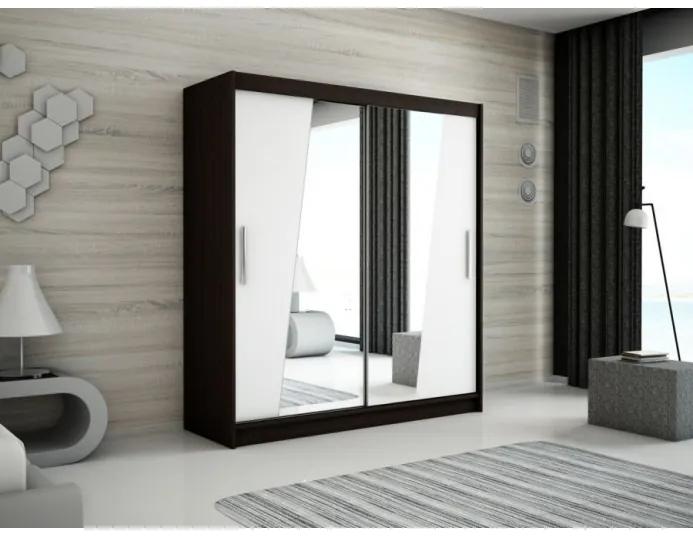 Krásná šatní skříň se zrcadlovýmí posuvnými dveřmi Elvíra 150 v barvě wenge-bílá