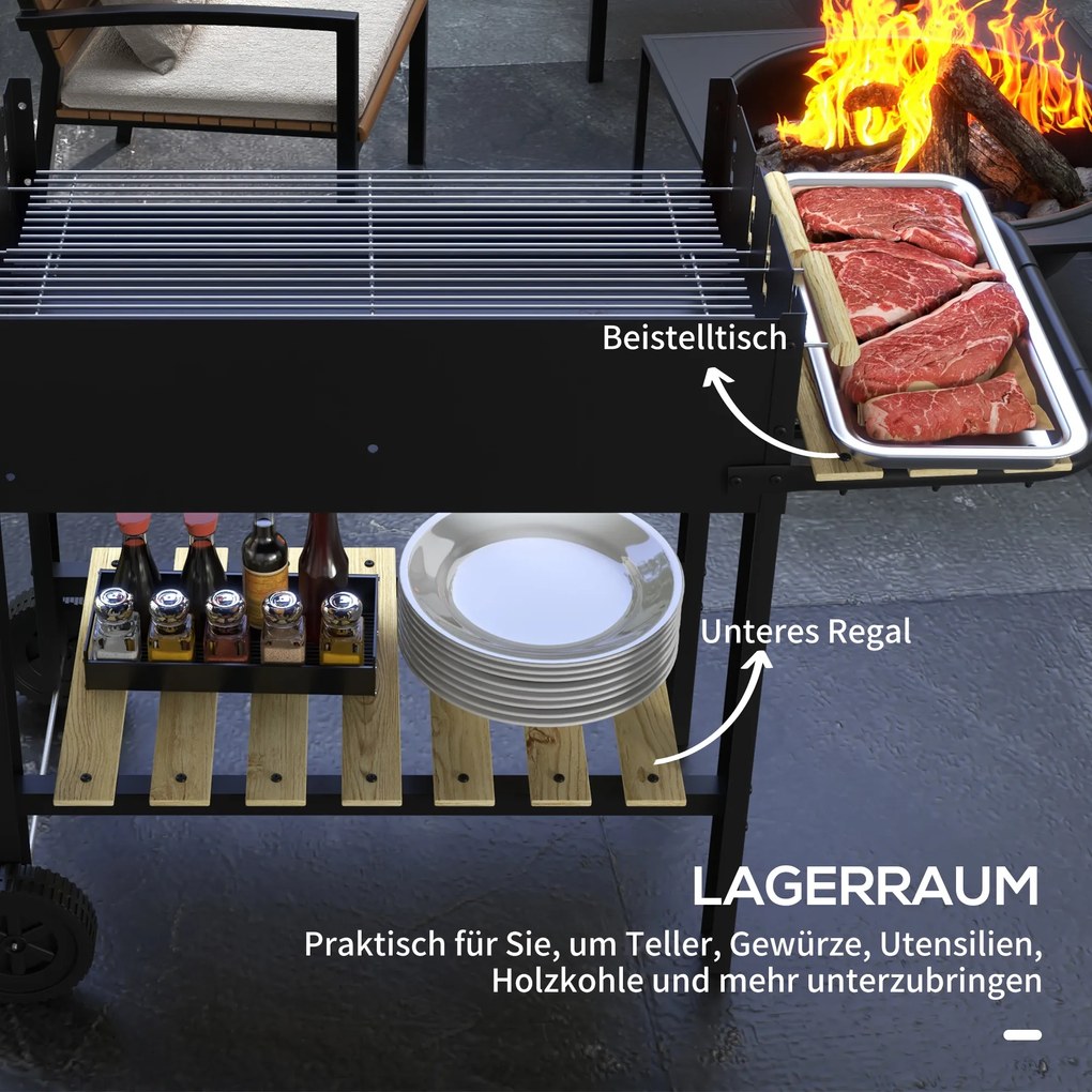 Outsunny gril na dřevěné uhlí BBQ kempinkový gril se dvěma rošty a odkládací plochou, kovový, černý 113x53,5x82,5cm na zahradu a terasu | Aosom.de