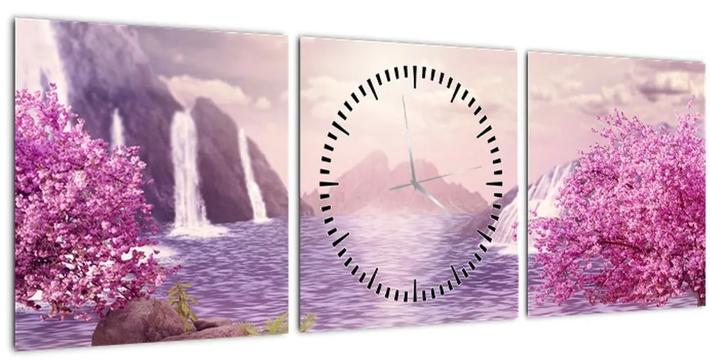 Obraz růžových stromů s jezerem (s hodinami) (90x30 cm)