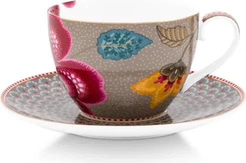 Pip Studio Blooming Tales cappuccino šálek s podšálkem 270ml, khaki (Stylový cappuccino šálek s podšálkem)