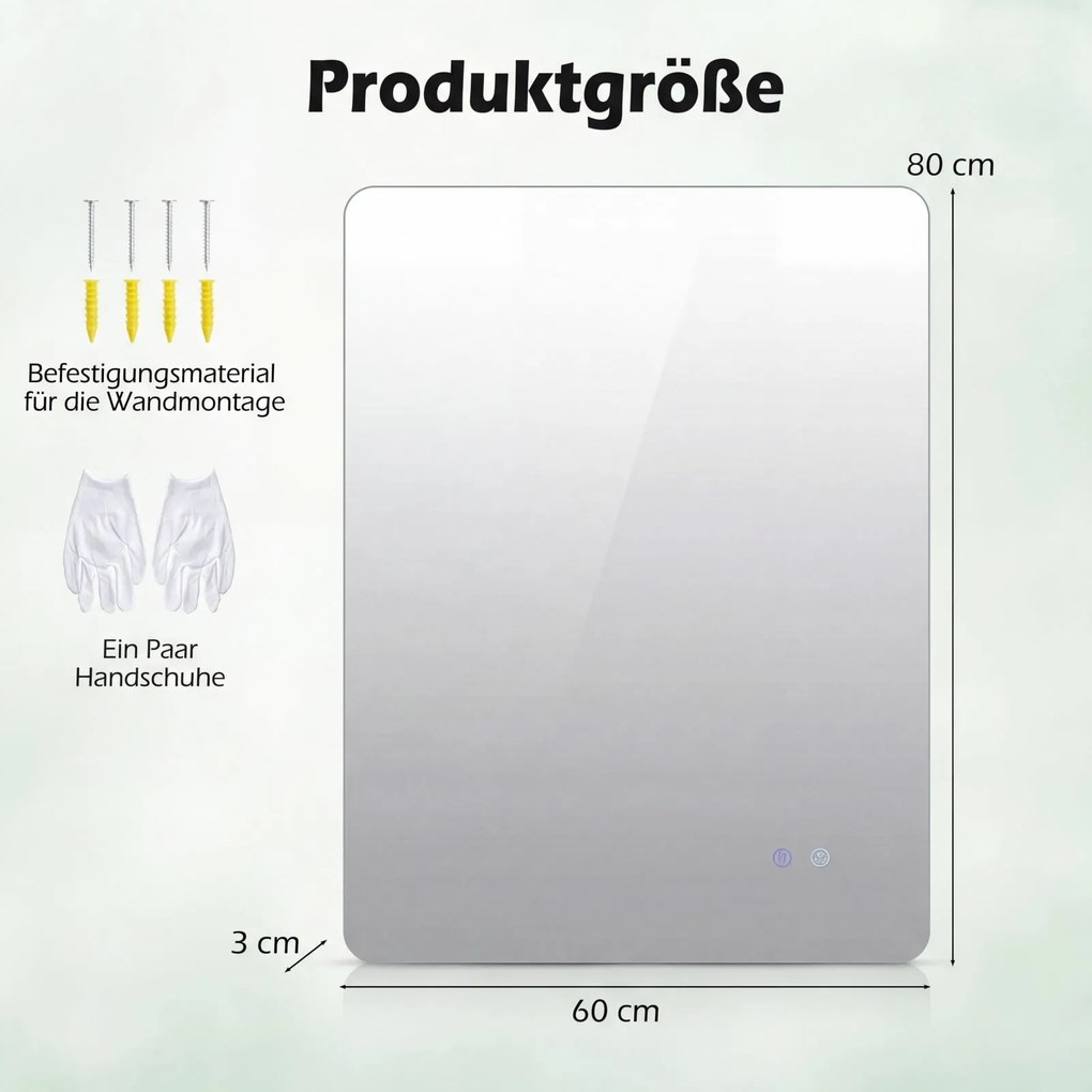 Costway Obdélníkové zrcadlo s LED osvětlením, nástěnné zrcadlo do koupelny