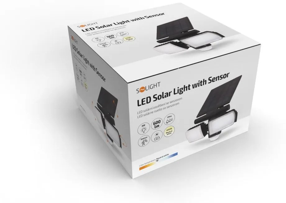 Solight LED solární osvětlení se senzorem, 8W, 600lm, Li-on, černá