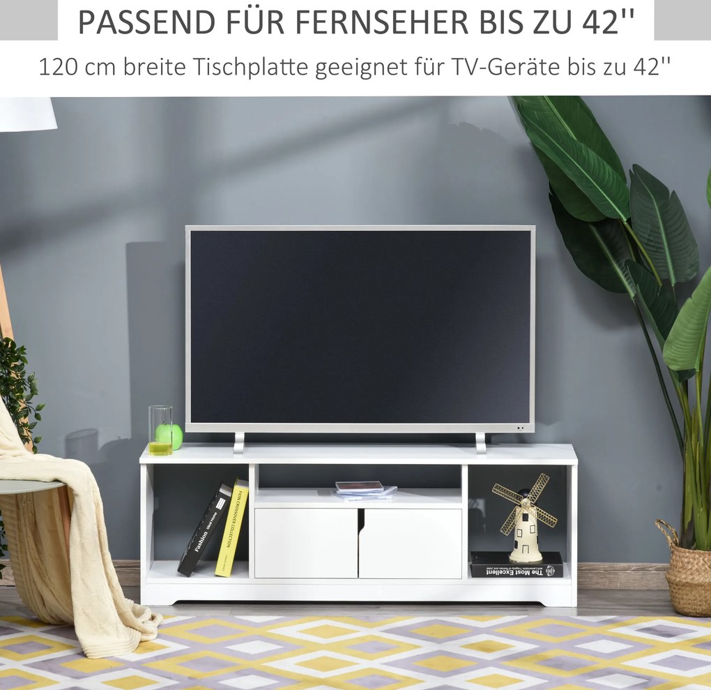 HOMCOM TV Stánek pro TV do 42" Moderní TV Stánek s Dvojitými Dveřmi a 3 Otevřenými Přihrádkami 120x30x41cm Bílý