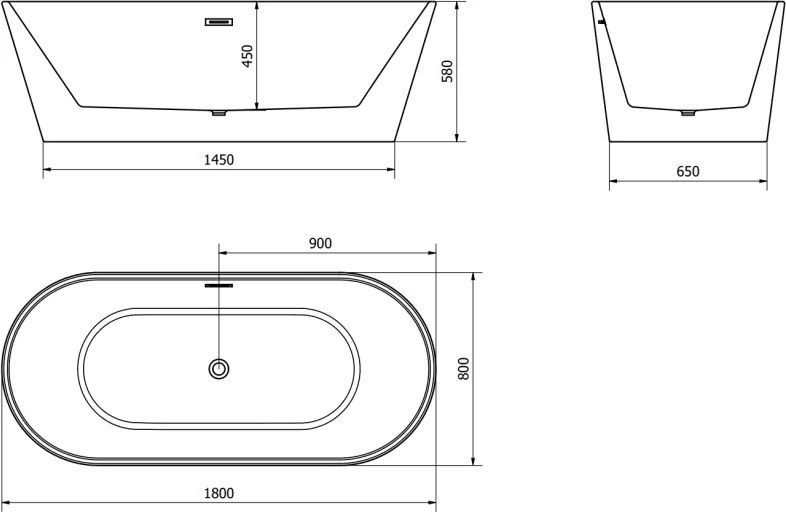Mexen Luna, volně stojící vana 180 x 80 cm, bílá-černá, broušený grafit přepad, 52031808075-95