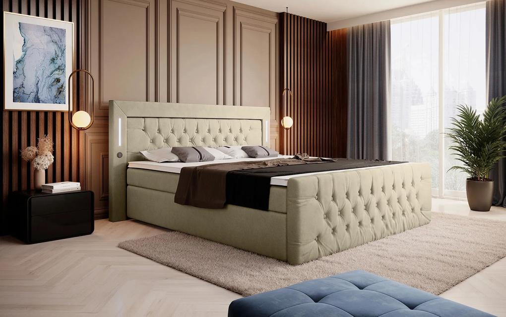 Boxspring postel ELEGANCE s úložným prostorem, LED a USB, eko kůže Velikost postele: 180 × 200 cm, Barva EKO kůže: Béžová EKO kůže, Výběr matrace:…