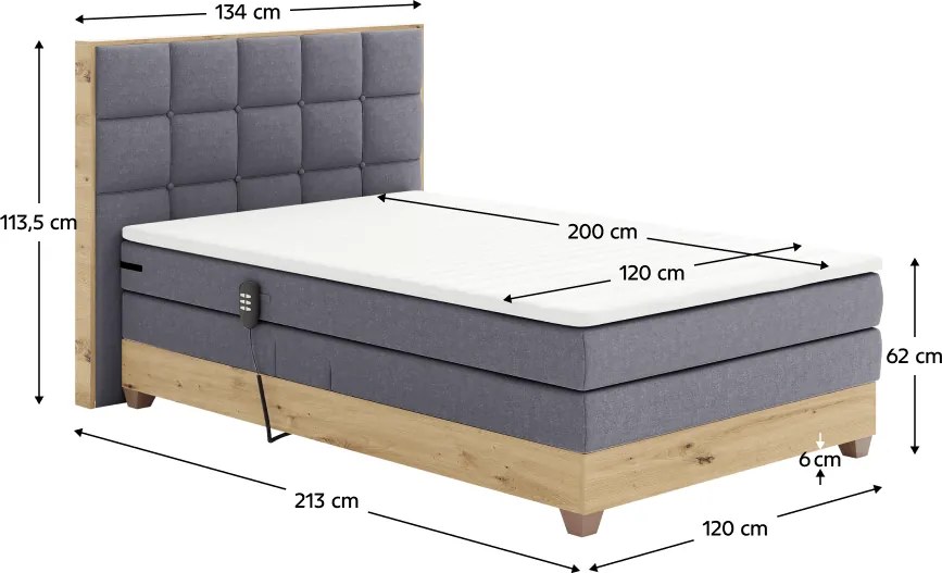 Elektrická polohovací postel, boxspring, tmavě šedá/dub artisan, 120x200, TIANA