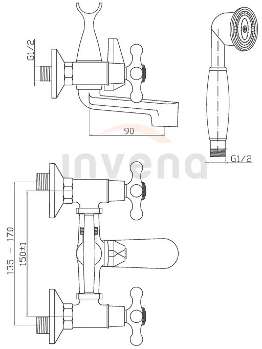 Invena Roma, vanová baterie s ruční sprchovou sadou, chromová, INV-BW-21-00S-L