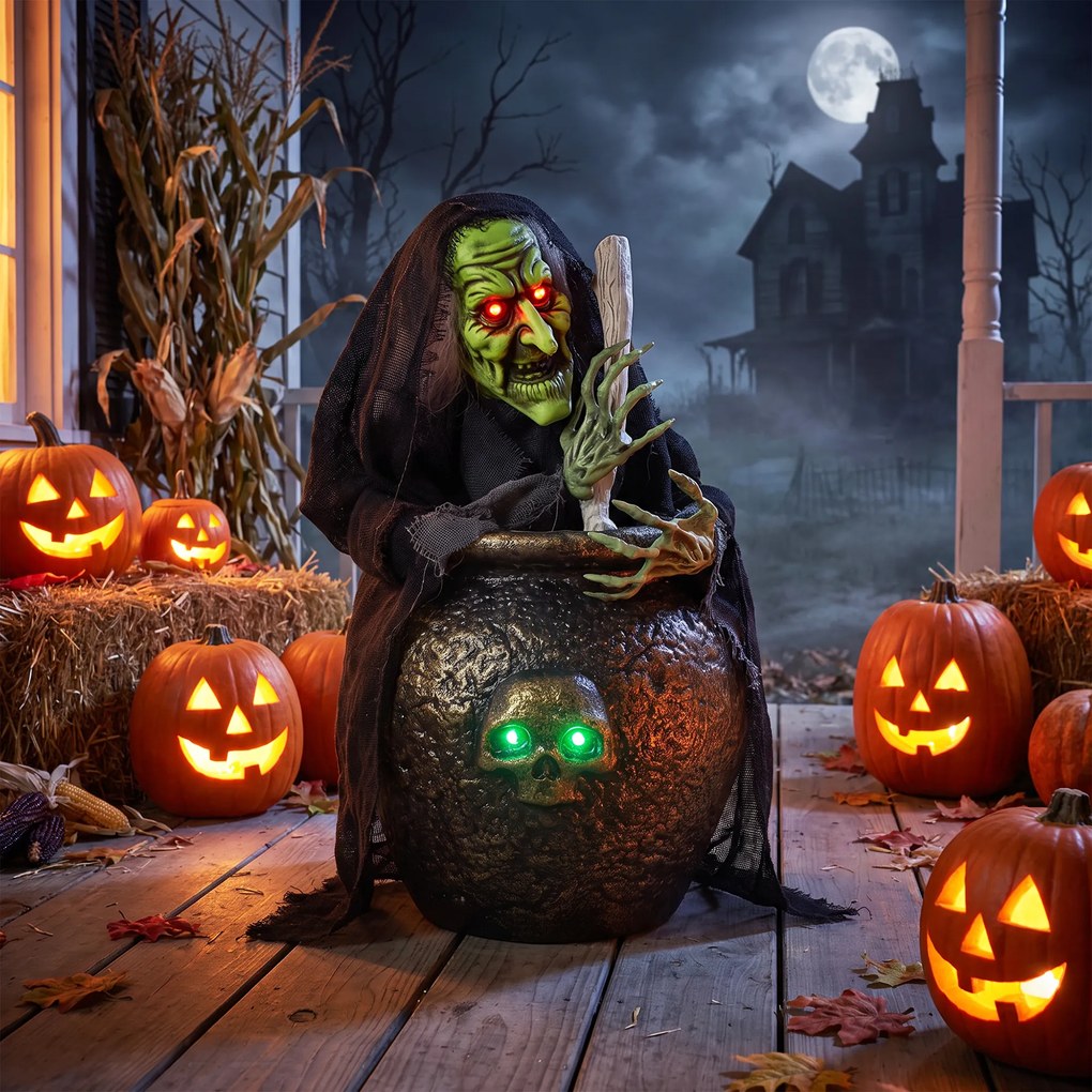 HOMCOM Animovaná halloween stolní čarodějnice se zvukem smíchu, svítícíma očima a zvukovou/touch aktivací