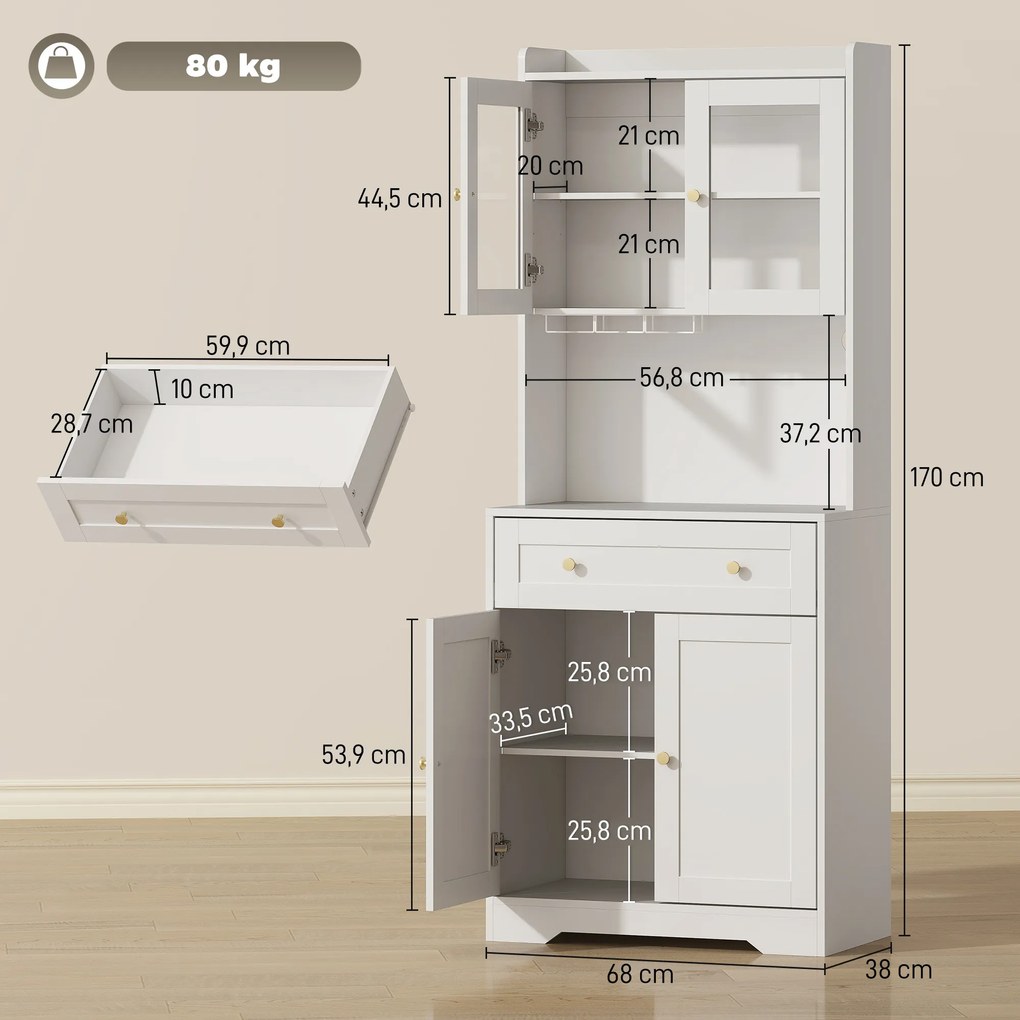 HOMCOM Kuchyňská skříň s pracovní deskou, držákem na vinné sklenice, skladovací skříň do kuchyně a jídelny, 170 cm, MDF, sklo, bílá