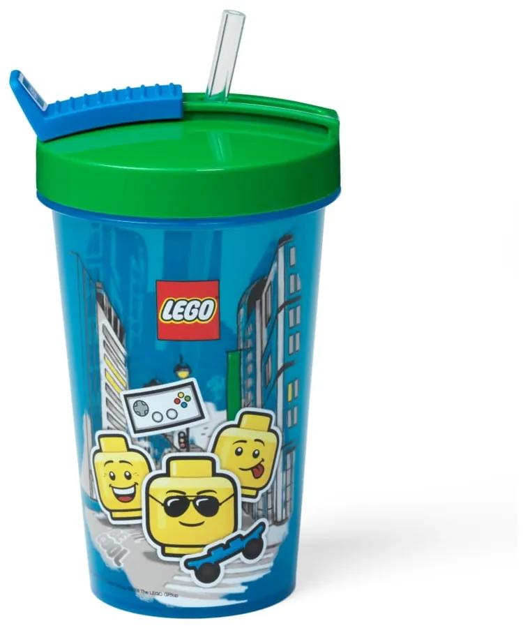 Modrý kelímek se zeleným víčkem a brčkem LEGO® Iconic, 500 ml