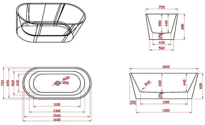 BPS-koupelny Volně stojící akrylátová vana HYD-LIZ502B 160x75 bílá, odtokový komplet bílý