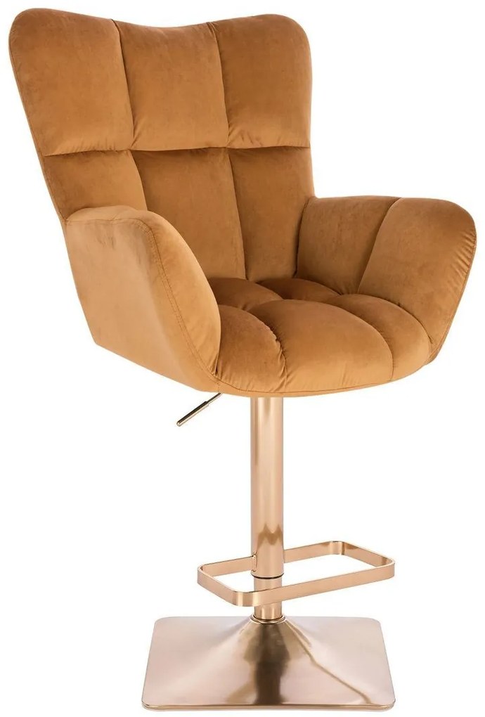 LuxuryForm DESIGN Barové křeslo AURORA VELUR na zlaté hranaté podstavě - medové