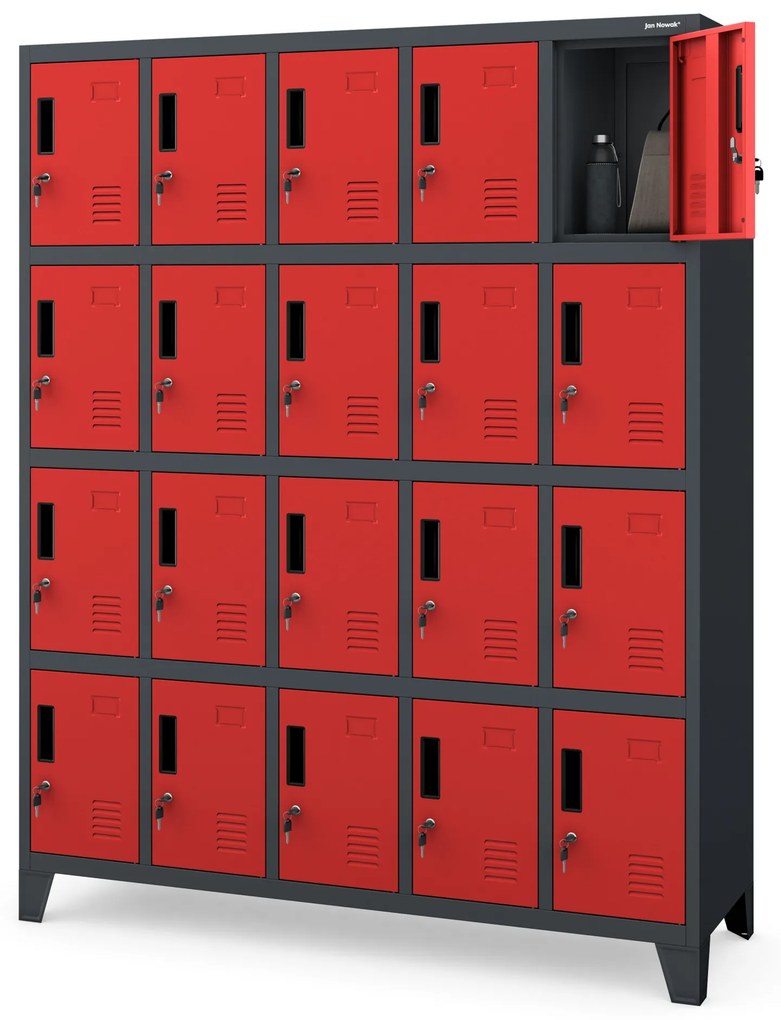 Šatní skříň s 20 uzamykatelnými boxy, antracit/červená, 1360x1720x450 mm: ROBERT