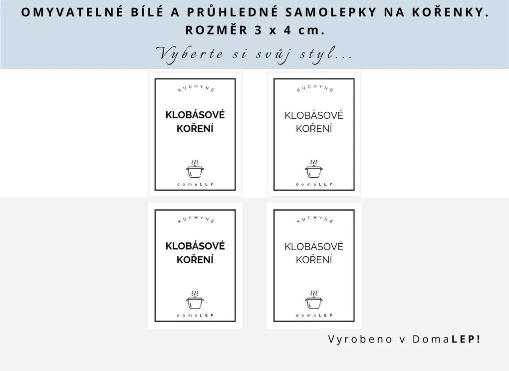 KLOBÁSOVÉ KOŘENÍ - Samolepka na kořenky 3 x 4 cm - DomaLEP varianta: PRŮHLEDNÁ - tučné písmo