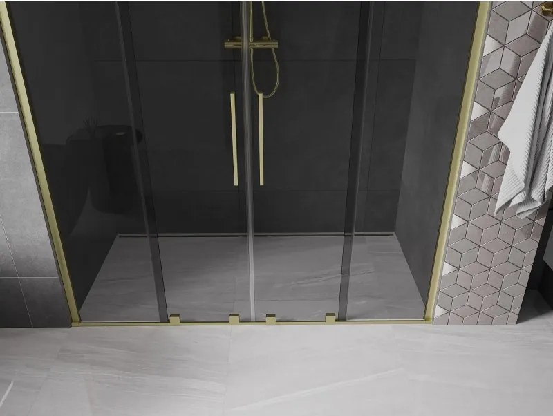 Mexen Velar Duo, posuvné sprchové dveře do otvoru 180 cm, 8mm šedé sklo, zlatá matná, 871-180-000-42-55