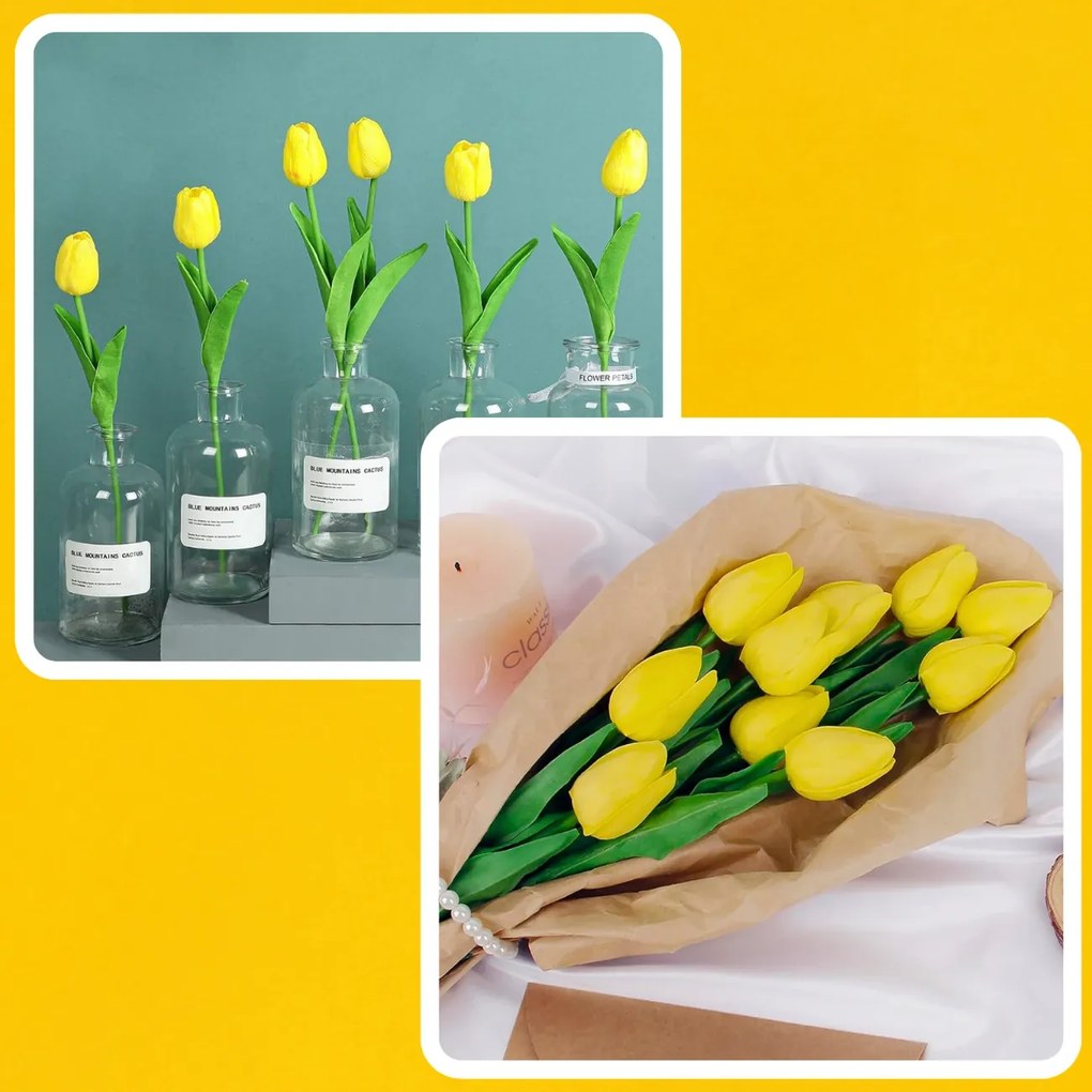 Camerazar Dekorativní kytice 10 umělých tulipánů, žlutá, materiál: silikon a plast, délka: 34 cm