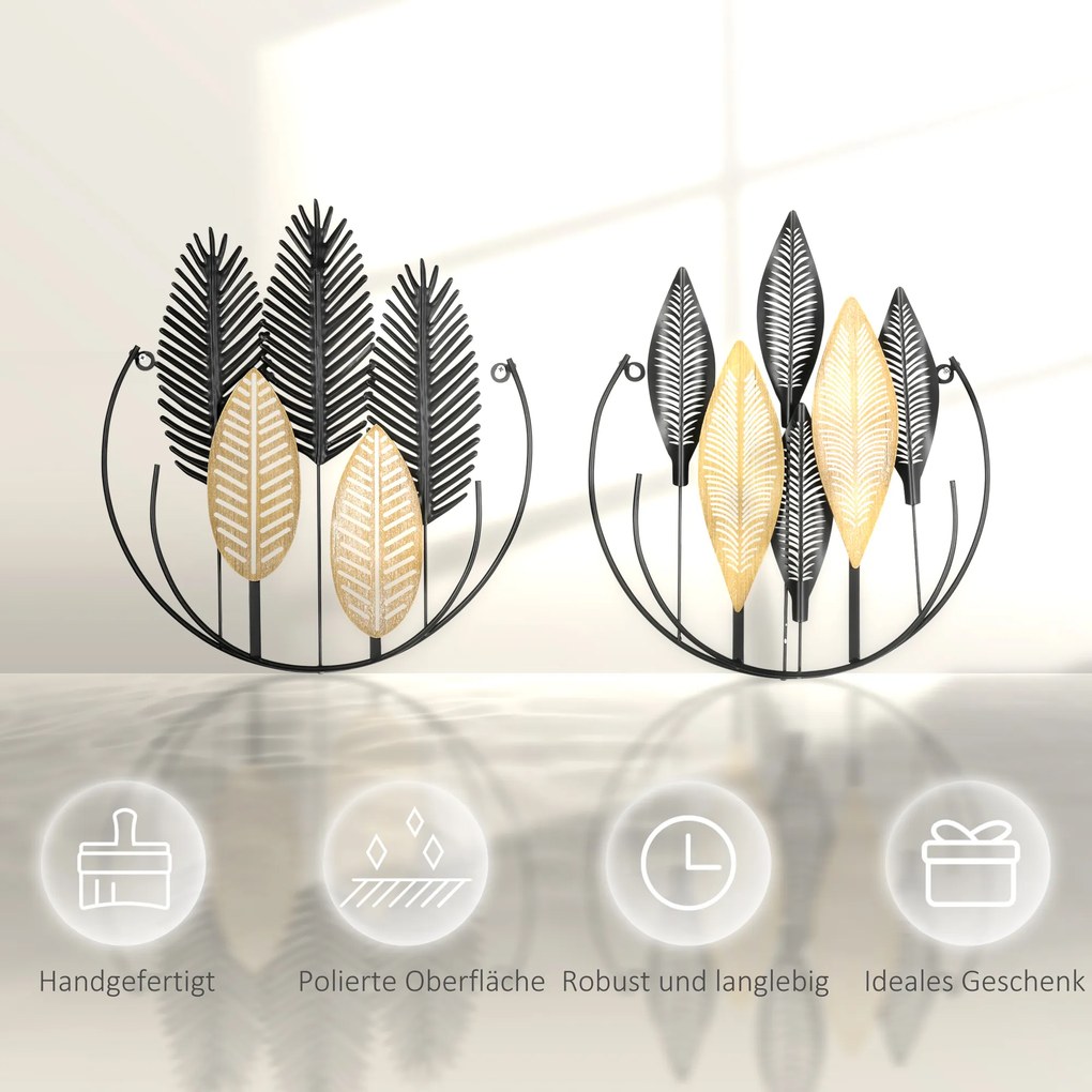 HOMCOM 3D nástěnné malby kovové 2-set listy nástěnné dekorace moderní pro obývací pokoj umění černá a příroda 40x46cm