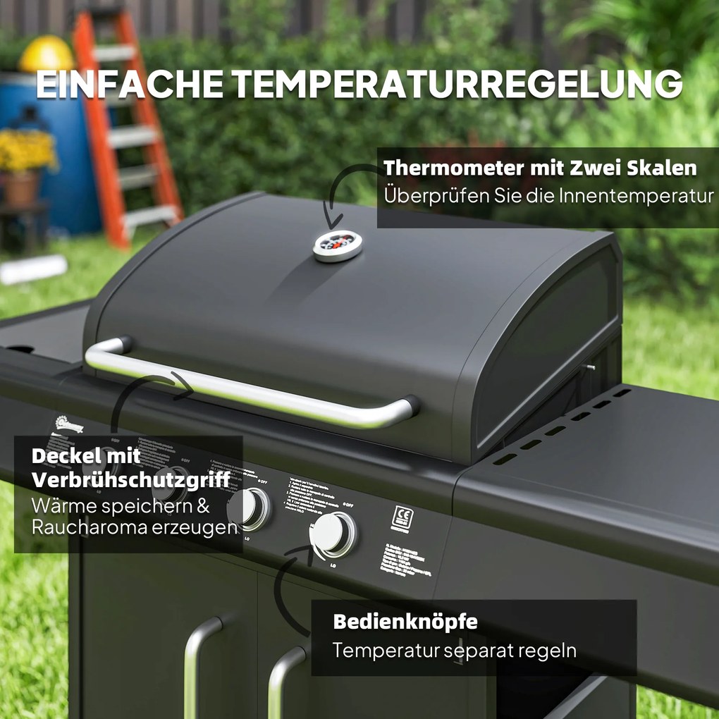 Outsunny Plynový gril 15,2 KW, grilovací vozík včetně 5 nerezových hořáků, kolečka, boční vařič, 129,5 x 56 x 110 cm, černá