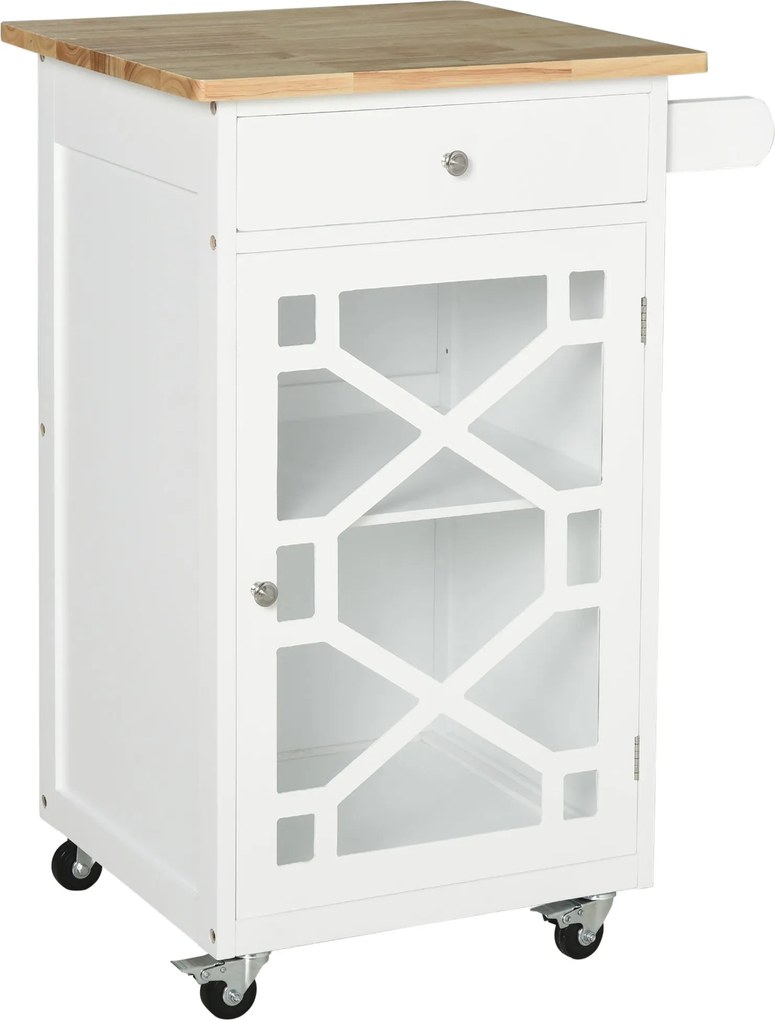 HOMCOM Servisní vozík - kuchyňský vozík na kolečkách - zásuvka, skříňka, držák na utěrky - rozměry 63L x 45W x 86H cm - bílá dřevěná konstrukce