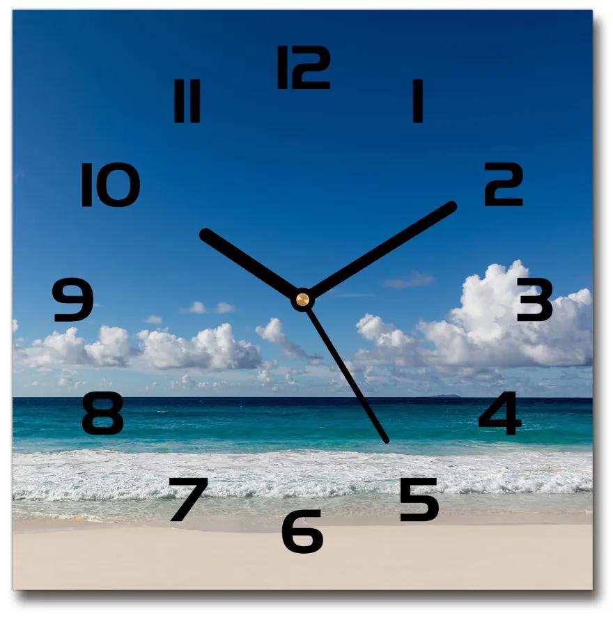 Wallmuralia Skleněné hodiny čtverec Pláž Seychely 30x30 cm