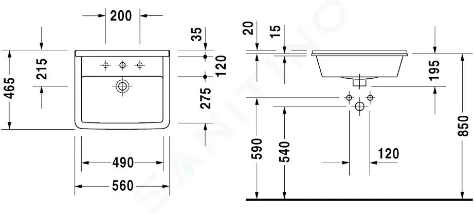 DURAVIT - Starck 3 Umyvadlo nábytkové 560x465 mm, s 1 otvorem pro baterii, s WonderGliss, bílá (03025600001)