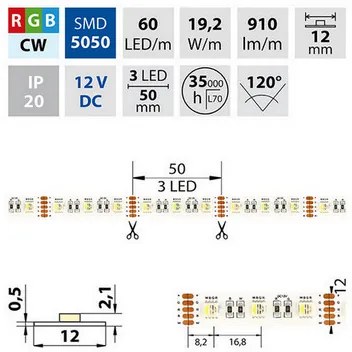 LED pásek McLED 12V RGBW CW studená bílá 12mm IP20 19,2W/m ML-123.634.60.0 (5m)