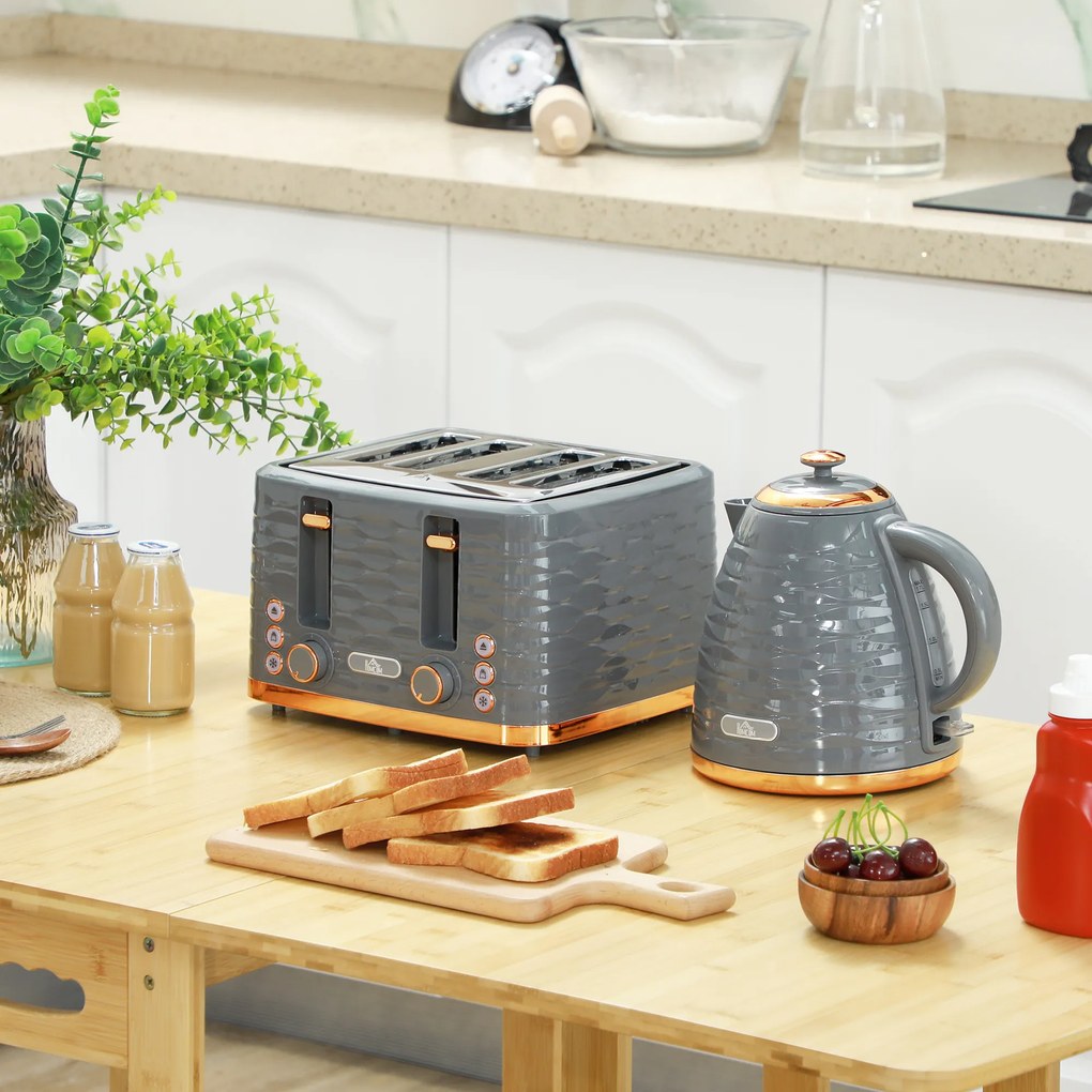 HOMCOM snídaňový set konvice a topinkovač 1,5 l konvice 4 plátky topinkovače 3000 W 7 stupňů propečení rozmrazování a ohřívání Šedá