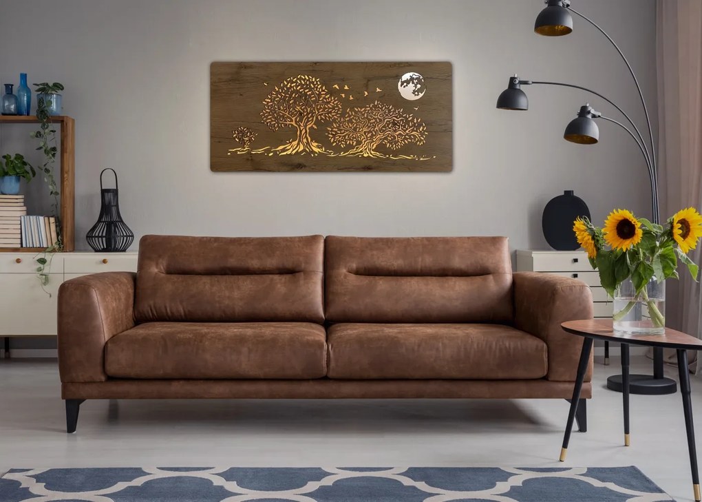Li-Go "Tři duby a měsíc" světelný obraz s baterií 110x50cm varianta: ovládání na obraze bez dálkového ovladače, provedení: bříza