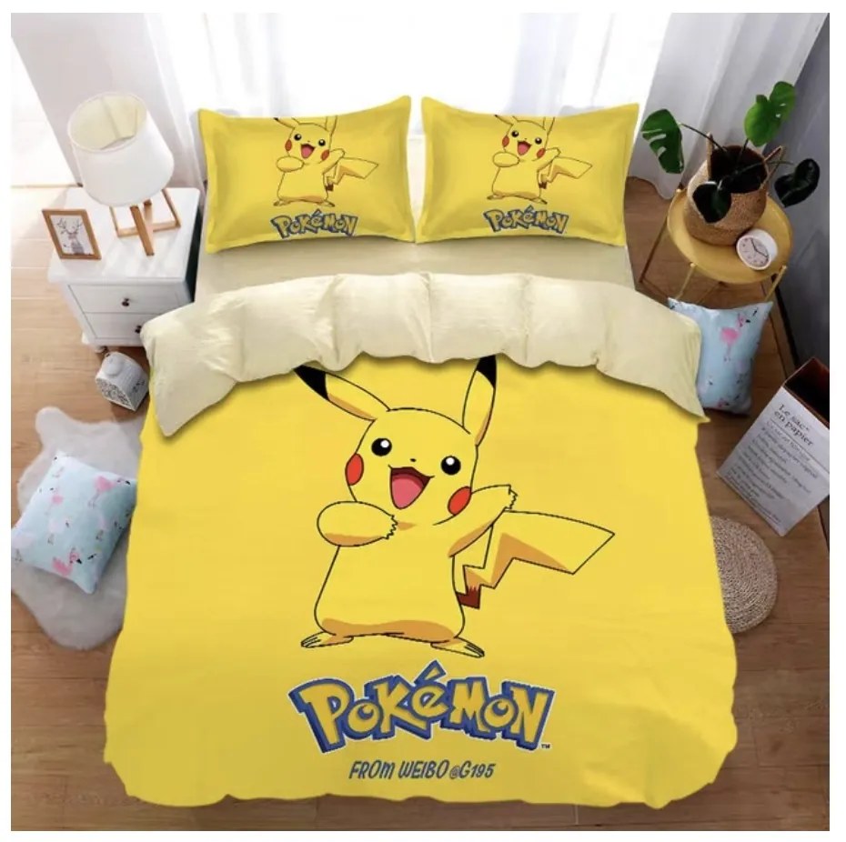 3-dílné ložní povlečení Pokémon - Pikachu 3D (150 x 200 cm a 2x povlak na polštář 50 x 75 cm) Motiv: 18 - žluté Pikachu smějící se