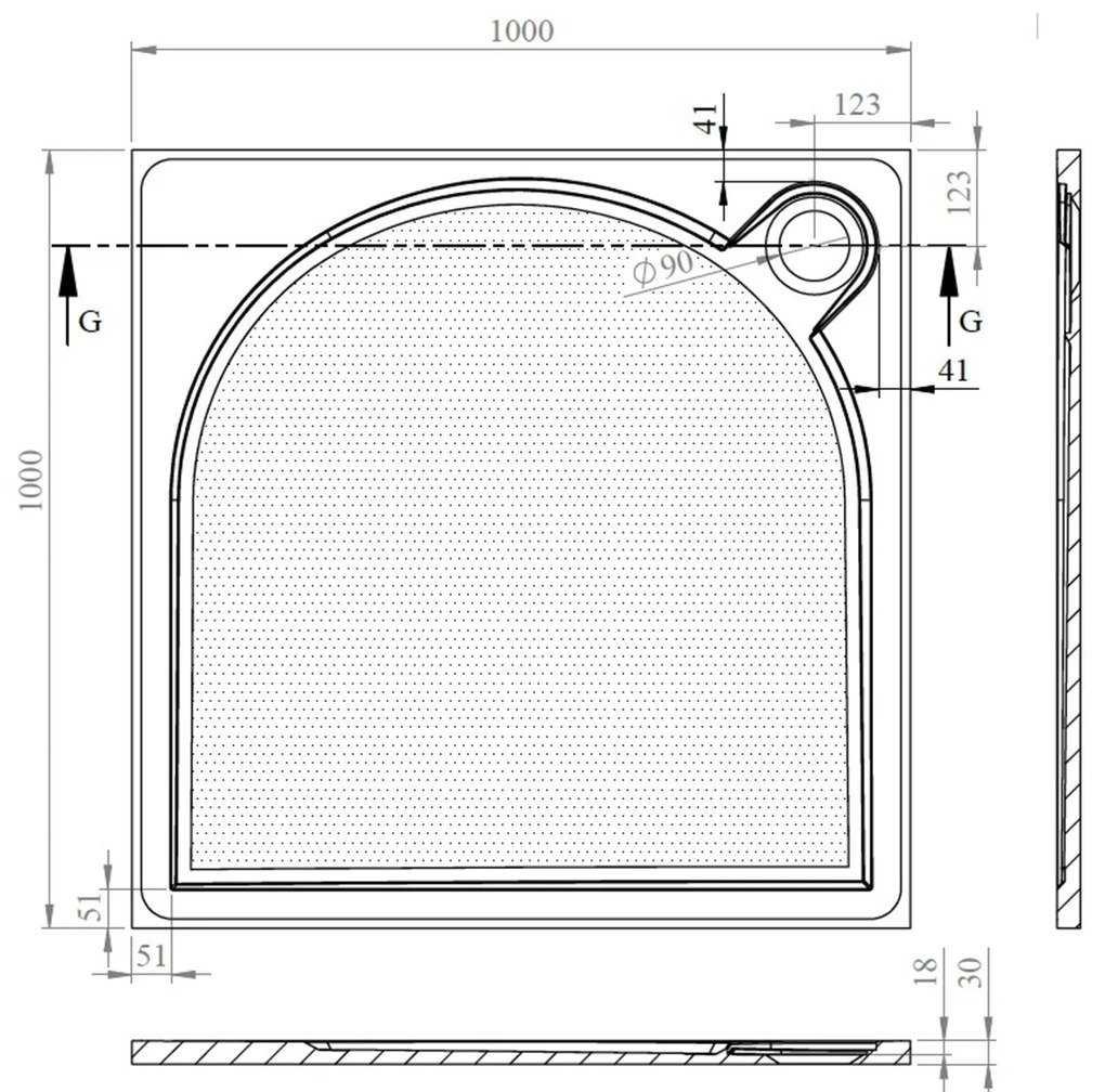 Gelco, LARCA sprchová vanička z litého mramoru, čtverec 100x100x3cm, PL001