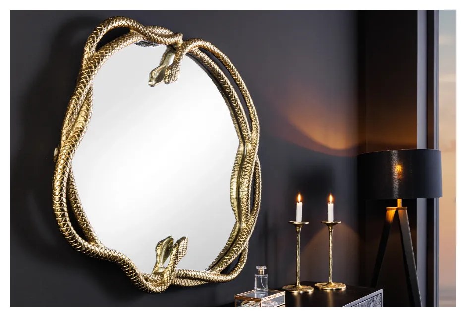 Massive home | Nástěnné zrcadlo SNAKE XL 85cm zlaté s ozdobným prvkem ve tvaru hada