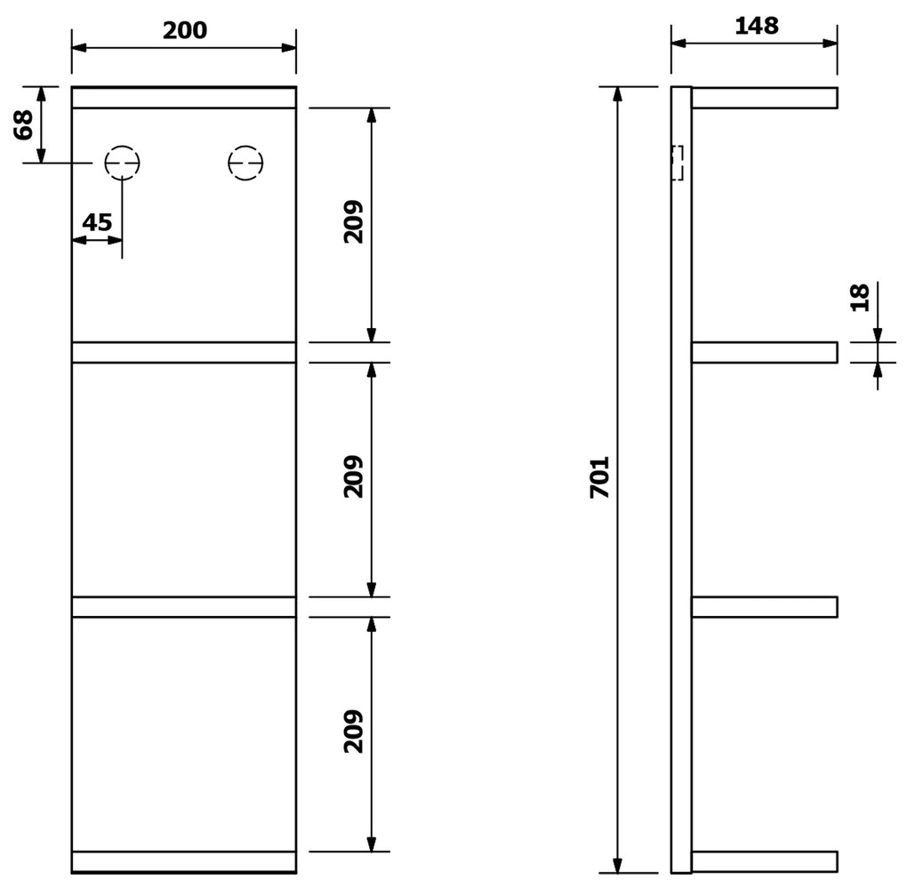Sapho, RIWA otevřená police 20x70x15cm, bílá lesk, RIW200-0030