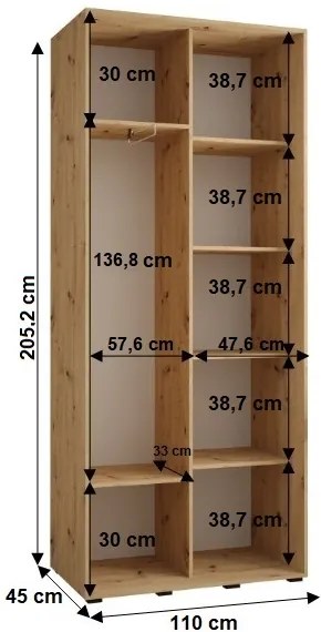 Šatní skříň Sapporo Abika 110/205,2/45 barevné provedení: bílý mat + černý mat+ artisan lamely