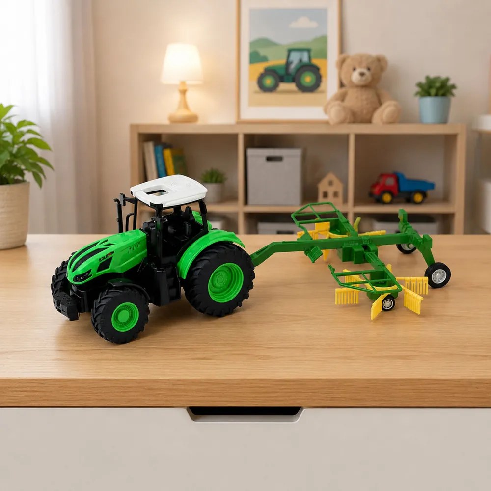 LEAN Toys Zemědělský traktor s hrabací lištou, dálkově ovládaný RC, se světly, měřítko 1:24