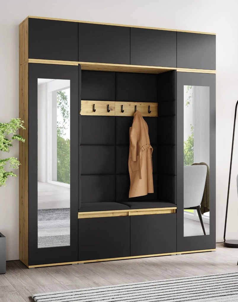 Sestava nábytku do předsíně Emi 32 se zrcadly a čalouněnými panely – barva dub artisan/černá