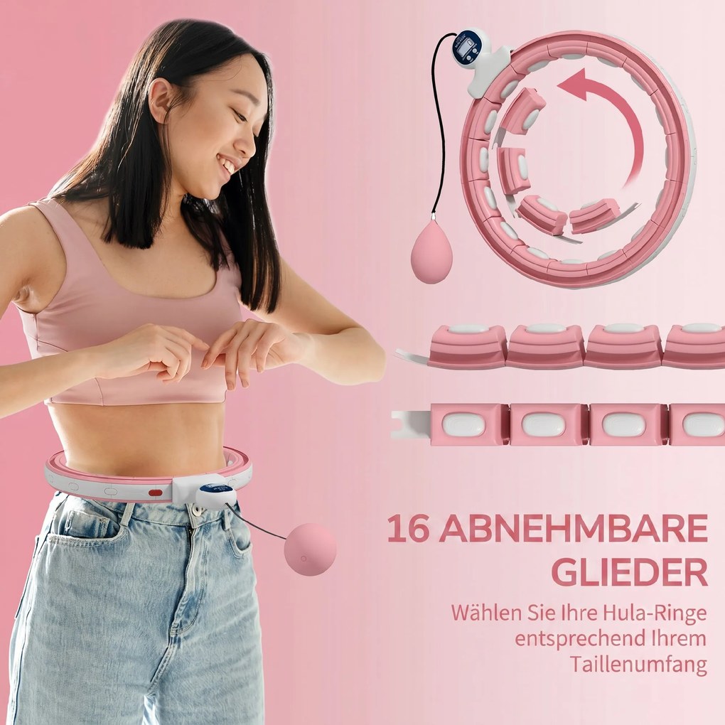 SPORTNOW Chytrý hula hoop obruč pro dospělé s váhovou koulí a počítadlem 16 uzlů (76-113 cm) Růžová