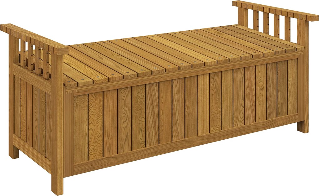 Dřevěná zahradní lavice Outsunny pro 2 osoby s úložným prostorem 186L, venkovní lavice s opěrkami na ruce, nosnost 240 kg, pro zahradu nebo balkon, 12