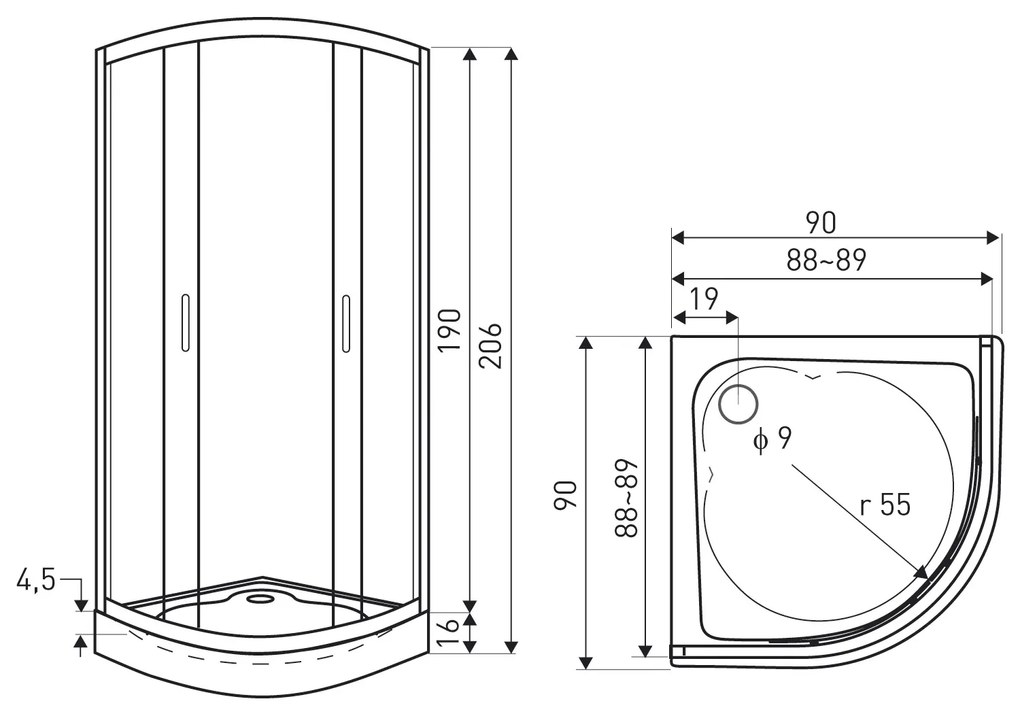 Novoterm Čtvrtkruhový sprchový kout NV-Soho 90x90 černá/ornamentní sklo + vanička