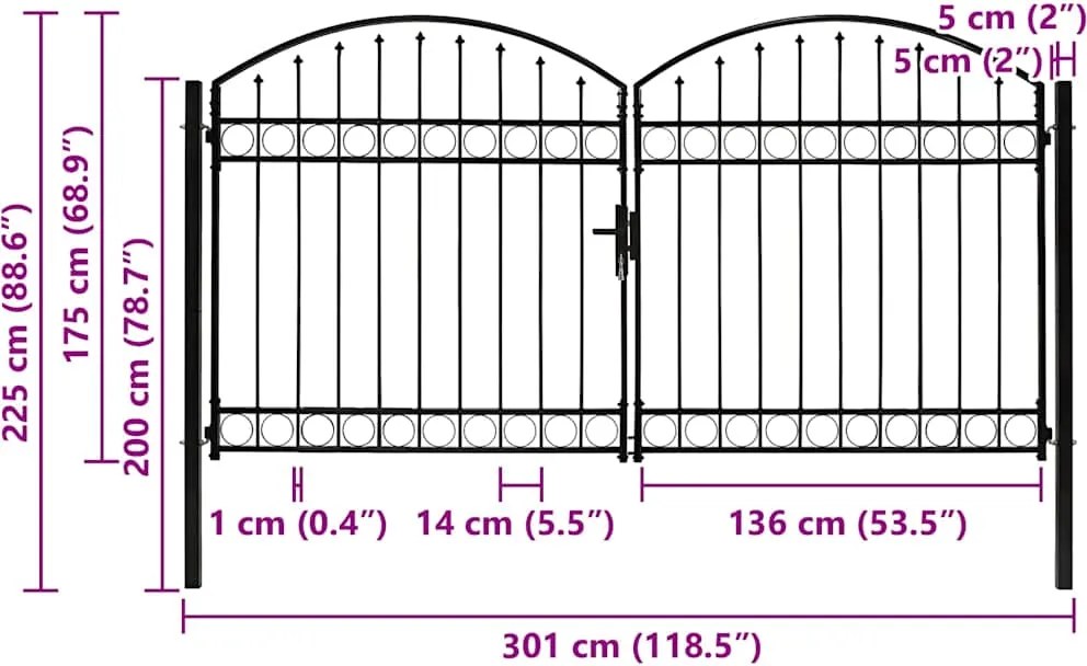 Plotová brána ASSEN dvoukřídlé dveře s klenutým vrškem ocelová 300 x 175 cm 146340