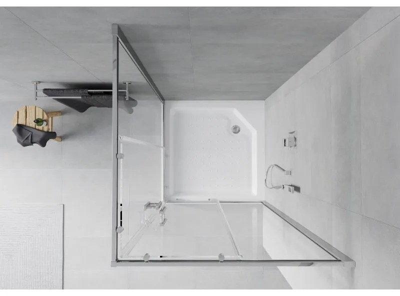 Mexen Rio, čtvercový sprchový kout s posuvnými dveřmi 90 x 90 cm, 5mm čiré sklo, chromový profil + bílá vysoká sprchová vanička Rio, 860-090-090-01-00-4510