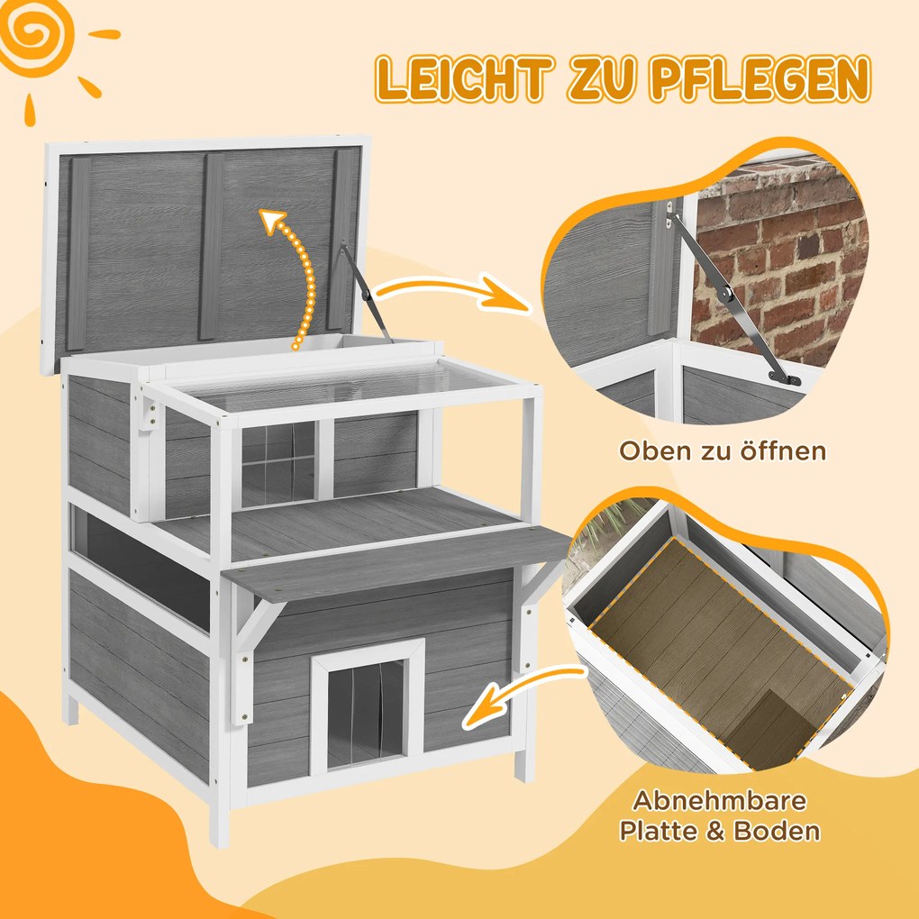 PawHut kočičí jeskyně, kočičí bouda z jedlového dřeva, kočičí domek s balkonem, vchody, pro kočky do 5 kg, venkovní, 64 x 87 x 76 cm, světle šedá
