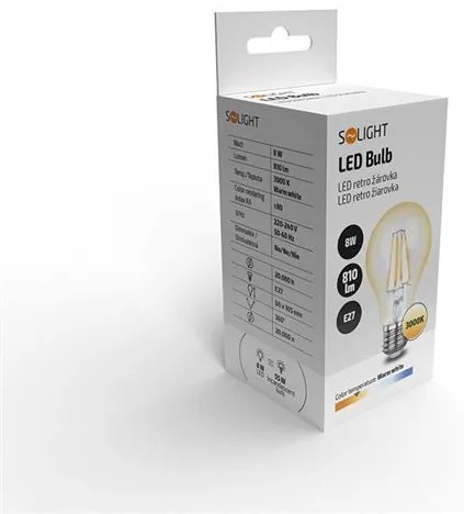 SOLIGHT LED Filament žárovka čirá A60 8W E27 3000K 360° 810lm