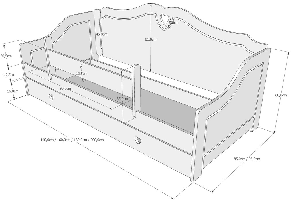 BabyBeds Dětská postel ZUZANA srdíčka Velikost postele: 180x80 cm, Barevné provedení: Bílá, Úložný prostor: Ne, bez úložného prostoru Bílá