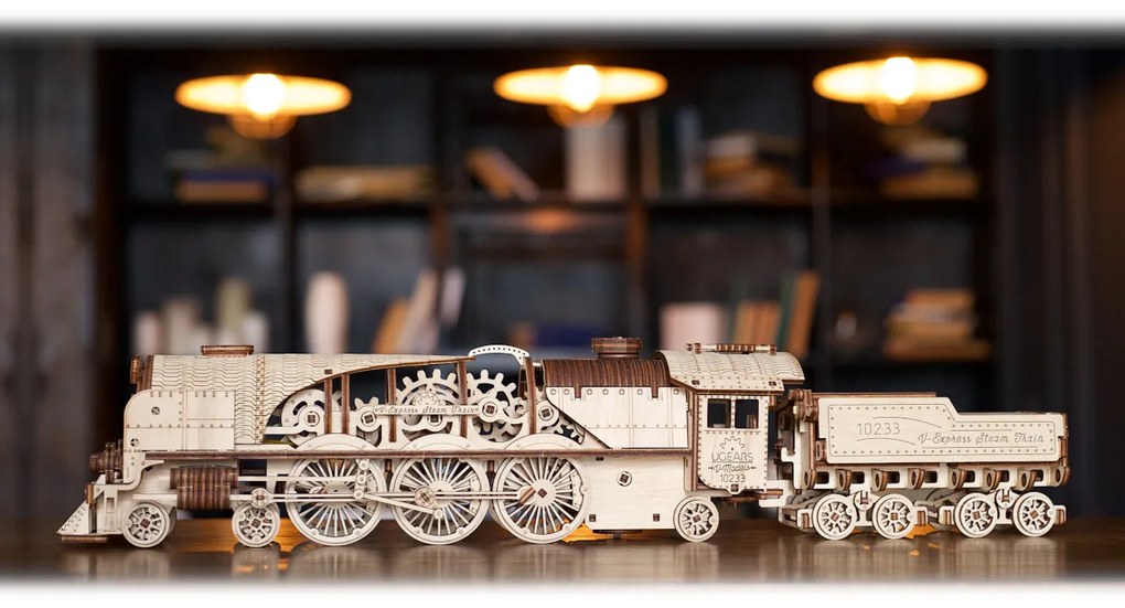 Ugears 3D dřevěné mechanické puzzle V-Express parní lokomotiva 4-6-2 s tendrem